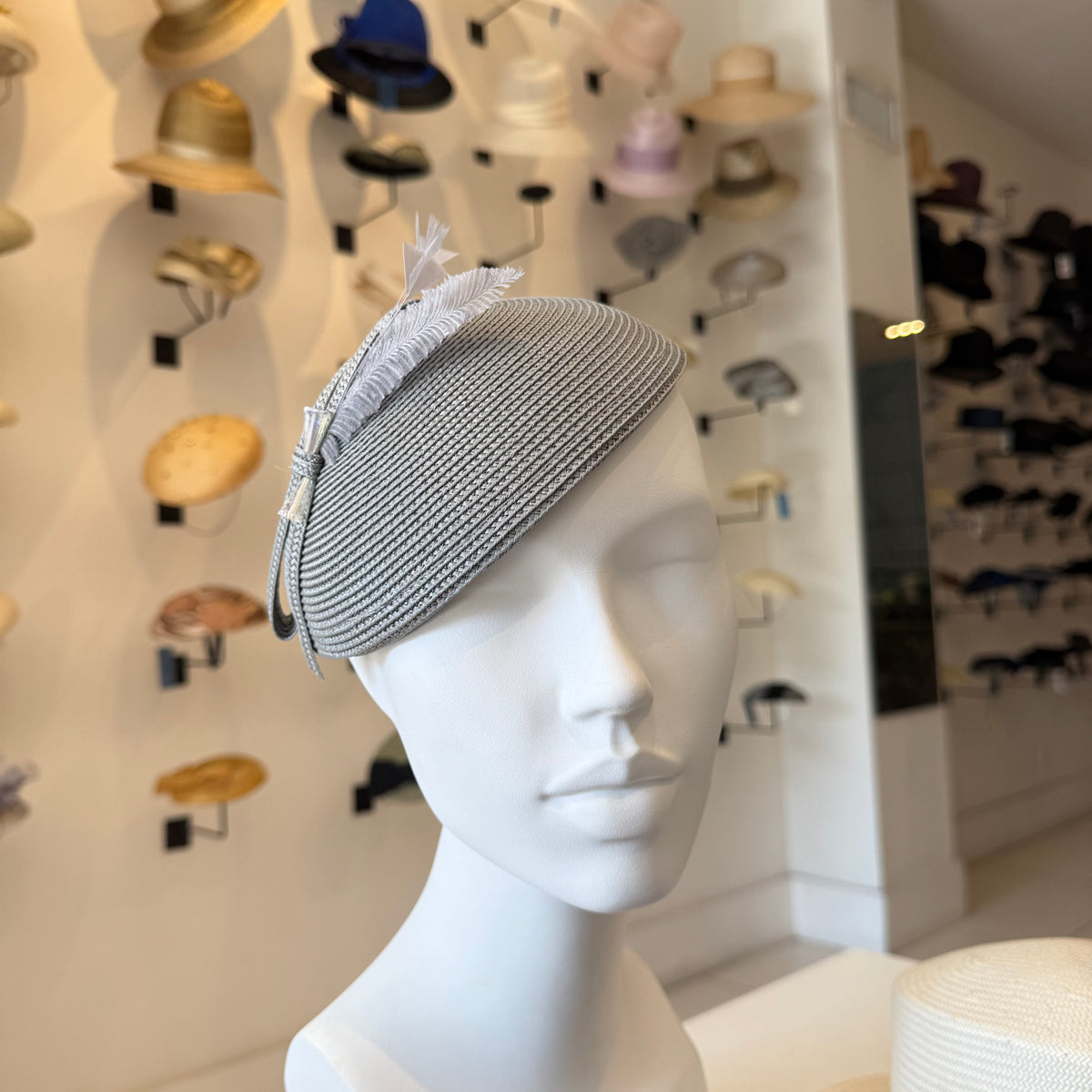 Grey Straw Disc Fascinator w/ Feather & Stone Detail | SoleneBoutique